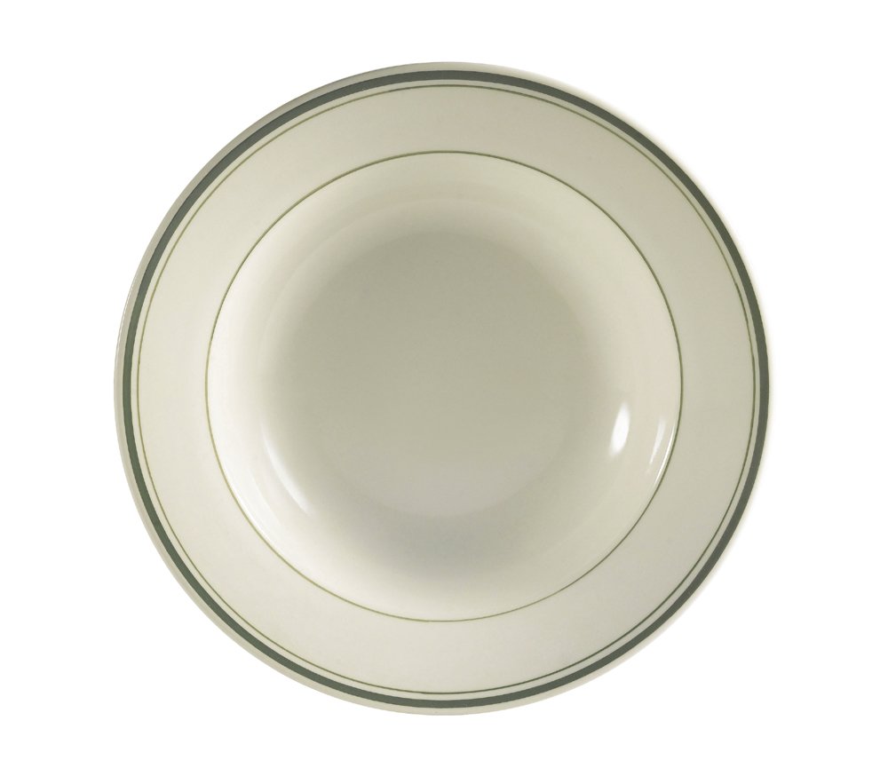 CAC China GS-3 9-Inch Greenbrier 10-Ounce Green Band Stoneware Rim Soup Plate, American White, Box of 24