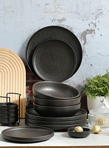 YJR Ceramic Pasta Bowls, Salad Bowls, Large Serving Bowl Set, Wide and Shallow - 35 Ounce, Set of 4, Matt Black