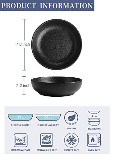 YJR Ceramic Pasta Bowls, Salad Bowls, Large Serving Bowl Set, Wide and Shallow - 35 Ounce, Set of 4, Matt Black