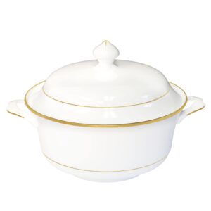 bone china soup tureen with lid, 2.97qt, gold rim, big soup bowl, 2pc set, serveware, big serving bowl, elegant ceramic/porcelain, white, translucent, modern, simple and resistant, greeting dinnerware