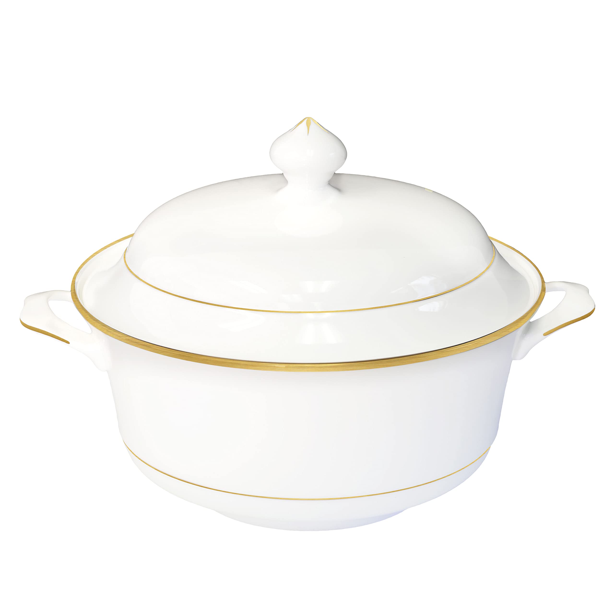 Bone China Soup Tureen with lid, 2.97QT, Gold Rim, Big Soup Bowl, 2pc set, Serveware, Big Serving Bowl, Elegant Ceramic/Porcelain, White, Translucent, Modern, Simple and resistant, Greeting dinnerware