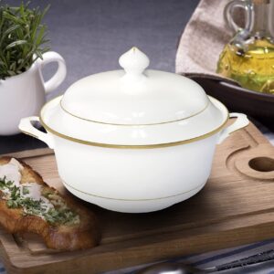 Bone China Soup Tureen with lid, 2.97QT, Gold Rim, Big Soup Bowl, 2pc set, Serveware, Big Serving Bowl, Elegant Ceramic/Porcelain, White, Translucent, Modern, Simple and resistant, Greeting dinnerware