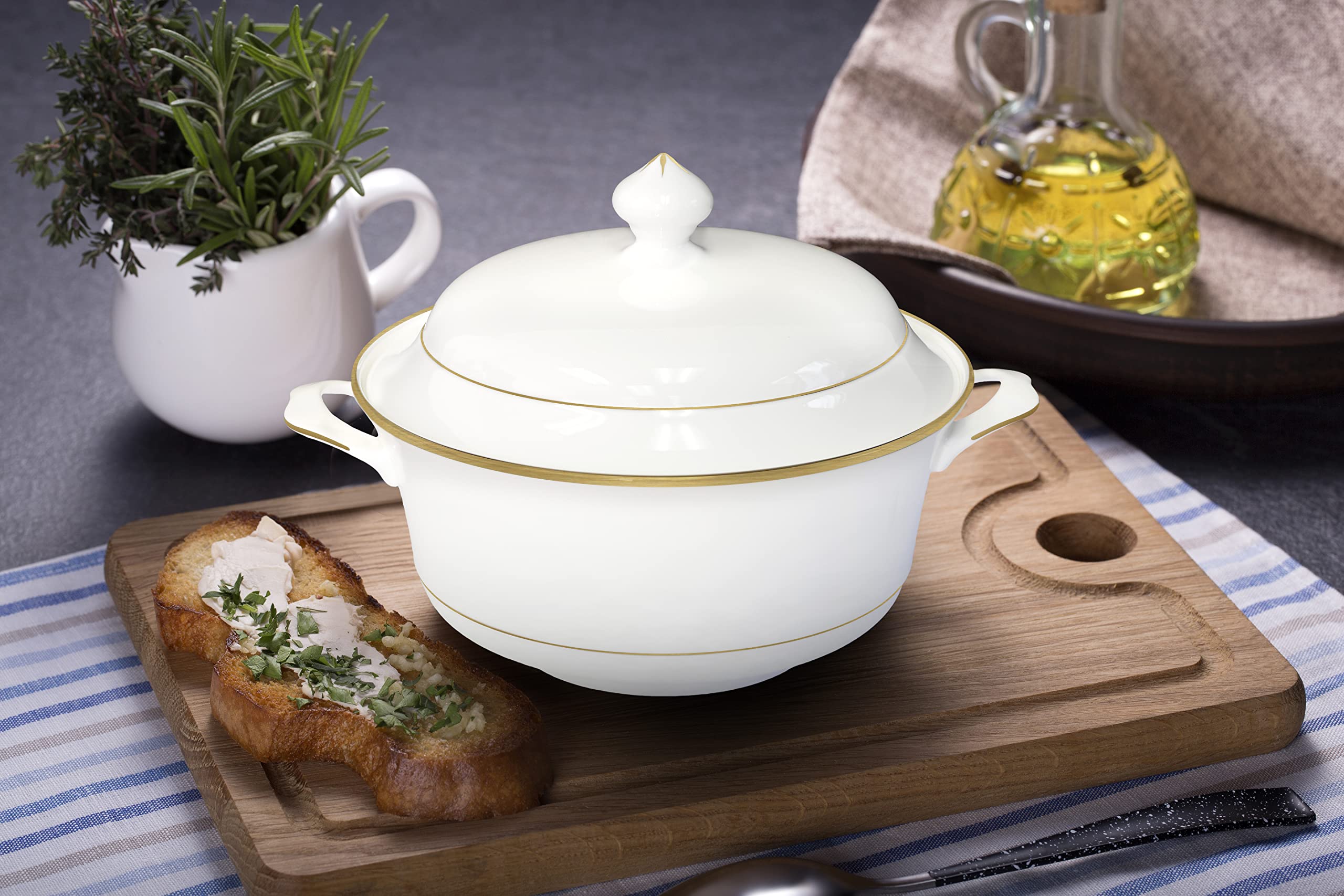 Bone China Soup Tureen with lid, 2.97QT, Gold Rim, Big Soup Bowl, 2pc set, Serveware, Big Serving Bowl, Elegant Ceramic/Porcelain, White, Translucent, Modern, Simple and resistant, Greeting dinnerware