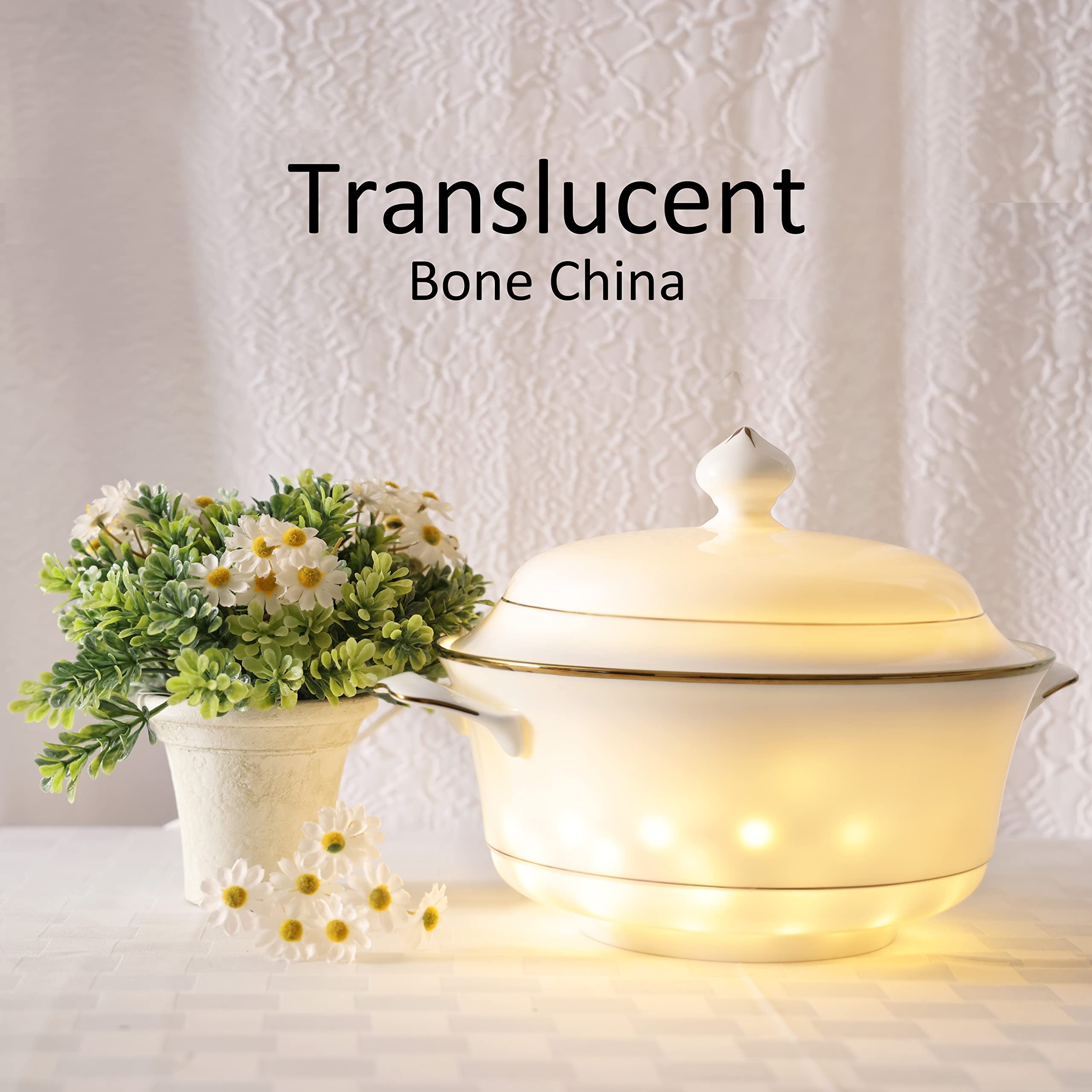 Bone China Soup Tureen with lid, 2.97QT, Gold Rim, Big Soup Bowl, 2pc set, Serveware, Big Serving Bowl, Elegant Ceramic/Porcelain, White, Translucent, Modern, Simple and resistant, Greeting dinnerware