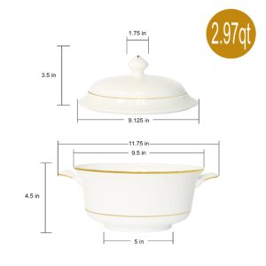 Bone China Soup Tureen with lid, 2.97QT, Gold Rim, Big Soup Bowl, 2pc set, Serveware, Big Serving Bowl, Elegant Ceramic/Porcelain, White, Translucent, Modern, Simple and resistant, Greeting dinnerware