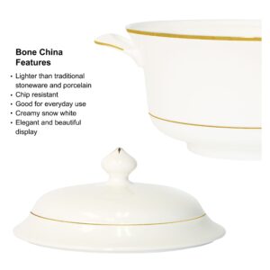 Bone China Soup Tureen with lid, 2.97QT, Gold Rim, Big Soup Bowl, 2pc set, Serveware, Big Serving Bowl, Elegant Ceramic/Porcelain, White, Translucent, Modern, Simple and resistant, Greeting dinnerware