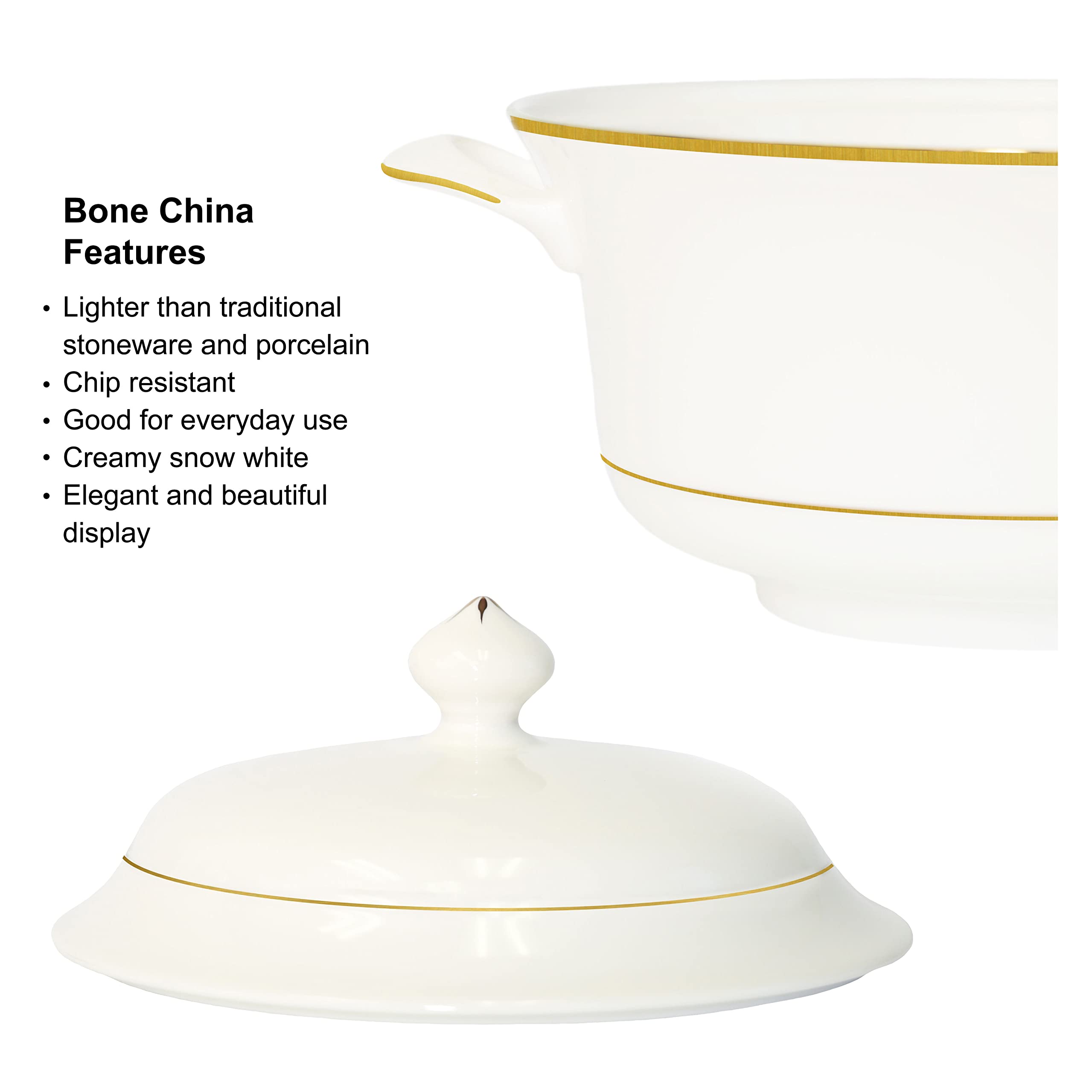 Bone China Soup Tureen with lid, 2.97QT, Gold Rim, Big Soup Bowl, 2pc set, Serveware, Big Serving Bowl, Elegant Ceramic/Porcelain, White, Translucent, Modern, Simple and resistant, Greeting dinnerware