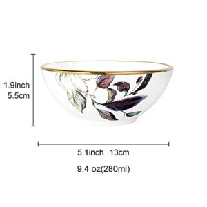 fanquare Porcelain Snack Bowls Set of 4, Floral Dipping Bowl, 9 oz Dessert Bowl for Ramen, Salad, 5 Inch