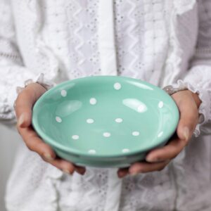 City to Cottage Handmade Teal Blue And White Pottery Polka Dot Glazed 7.3inch/18.5cm, 14oz/400ml Salad, Pasta, Fruit, Cereal, Soup Bowl | Unique Ceramic Dinnerware, Housewarming Gift