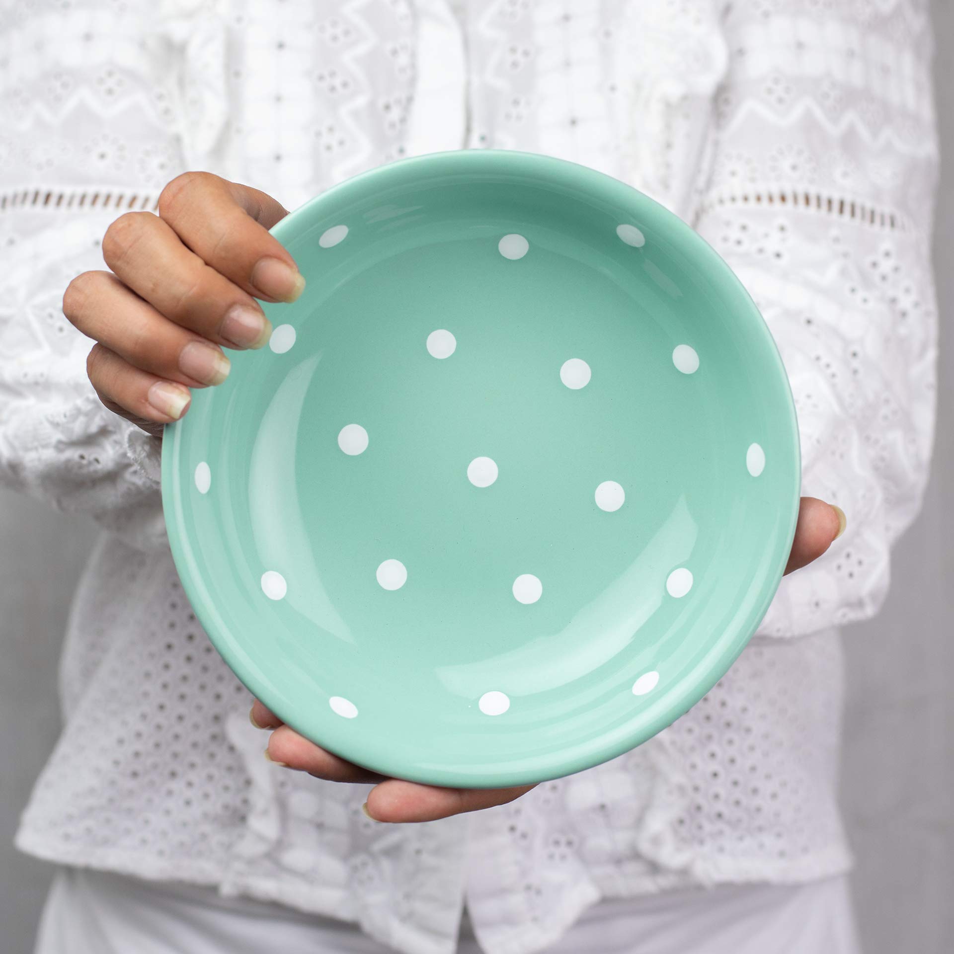 City to Cottage Handmade Teal Blue And White Pottery Polka Dot Glazed 7.3inch/18.5cm, 14oz/400ml Salad, Pasta, Fruit, Cereal, Soup Bowl | Unique Ceramic Dinnerware, Housewarming Gift