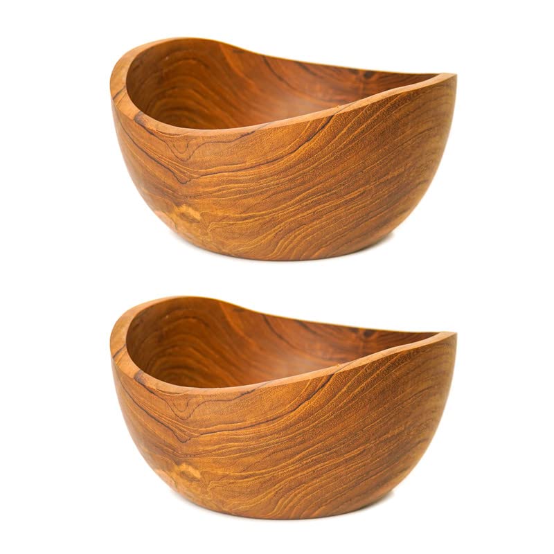 Rainforest Bowls Set of 2 Jumbo Concave Javanese Teak Wood Bowls- 8" Diameter- Perfect for Everyday Use, Hot & Cold Friendly, Ultra-Durable- Premium Custom Design Handcrafted by Indonesian Artisans