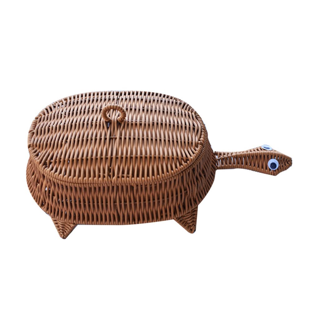 Cabilock Woven Rattan Basket with Lid Decorative Turtle Shaped Basket Fruit Nut Snack Storage Container for Kitchen Coffee Table