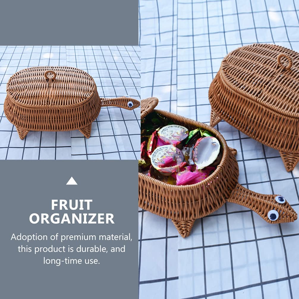 Cabilock Woven Rattan Basket with Lid Decorative Turtle Shaped Basket Fruit Nut Snack Storage Container for Kitchen Coffee Table