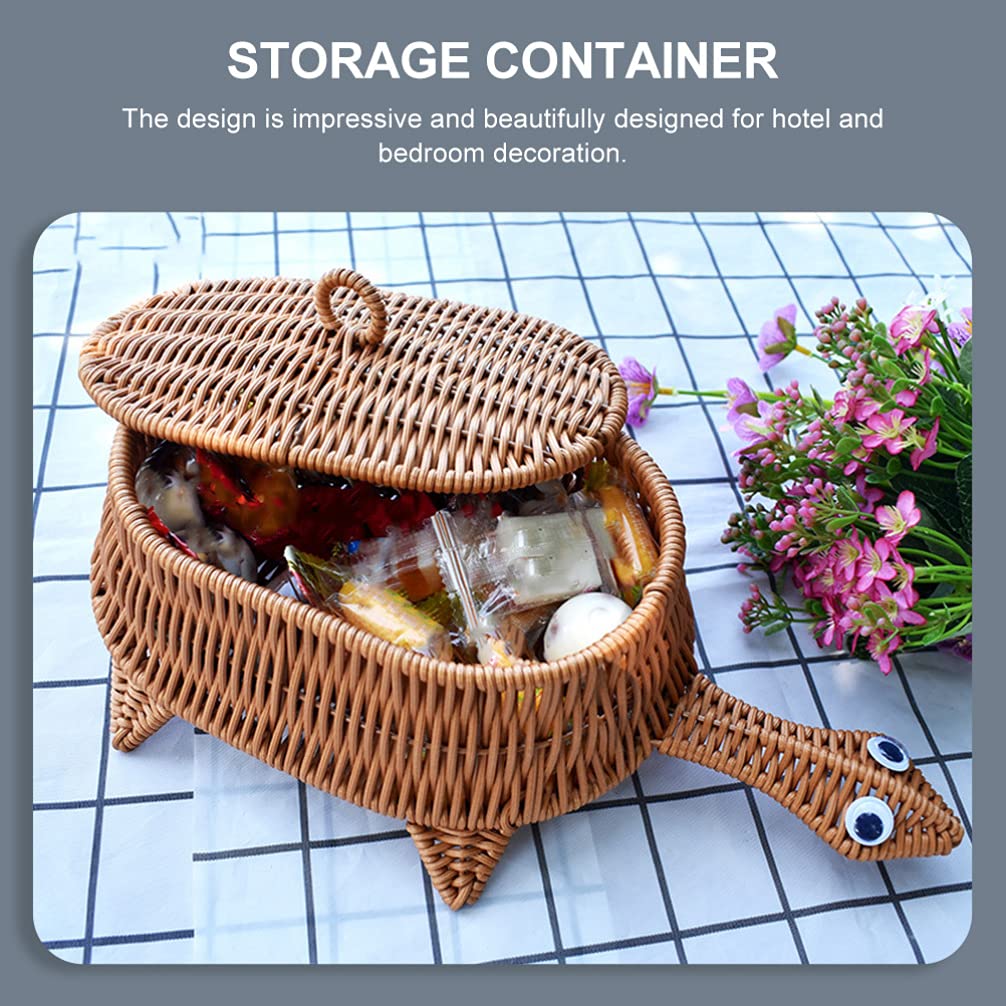 Cabilock Woven Rattan Basket with Lid Decorative Turtle Shaped Basket Fruit Nut Snack Storage Container for Kitchen Coffee Table