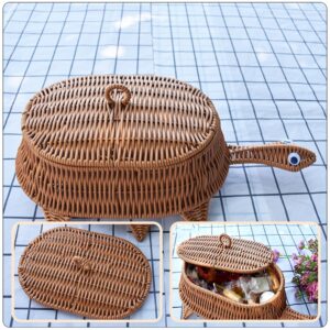 Cabilock Woven Rattan Basket with Lid Decorative Turtle Shaped Basket Fruit Nut Snack Storage Container for Kitchen Coffee Table