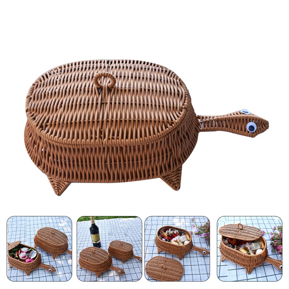 Cabilock Woven Rattan Basket with Lid Decorative Turtle Shaped Basket Fruit Nut Snack Storage Container for Kitchen Coffee Table