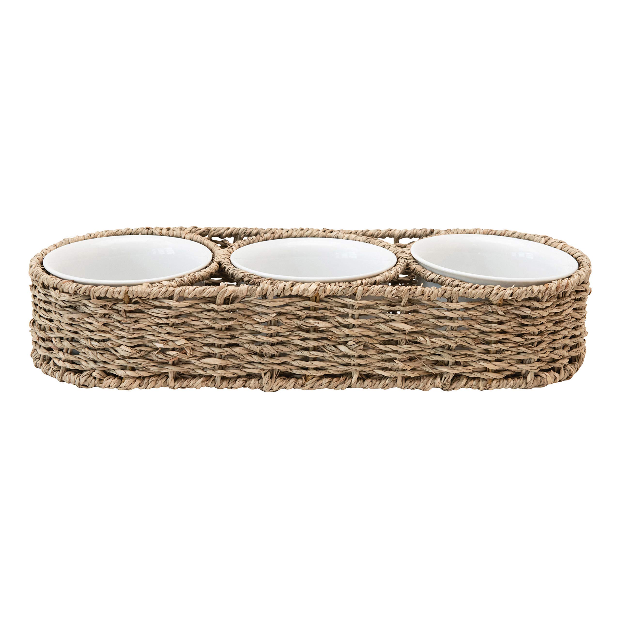 Creative Co-Op Hand-Woven Seagrass Basket with 6 oz. Ceramic Bowls, Set of 4 Tray, Natural, 4