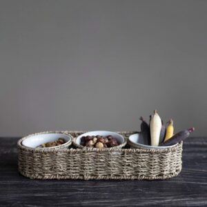 Creative Co-Op Hand-Woven Seagrass Basket with 6 oz. Ceramic Bowls, Set of 4 Tray, Natural, 4