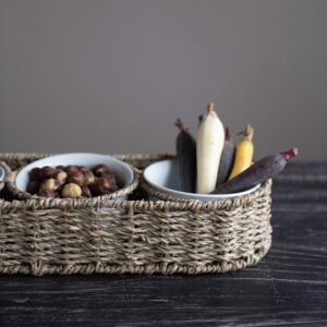 Creative Co-Op Hand-Woven Seagrass Basket with 6 oz. Ceramic Bowls, Set of 4 Tray, Natural, 4