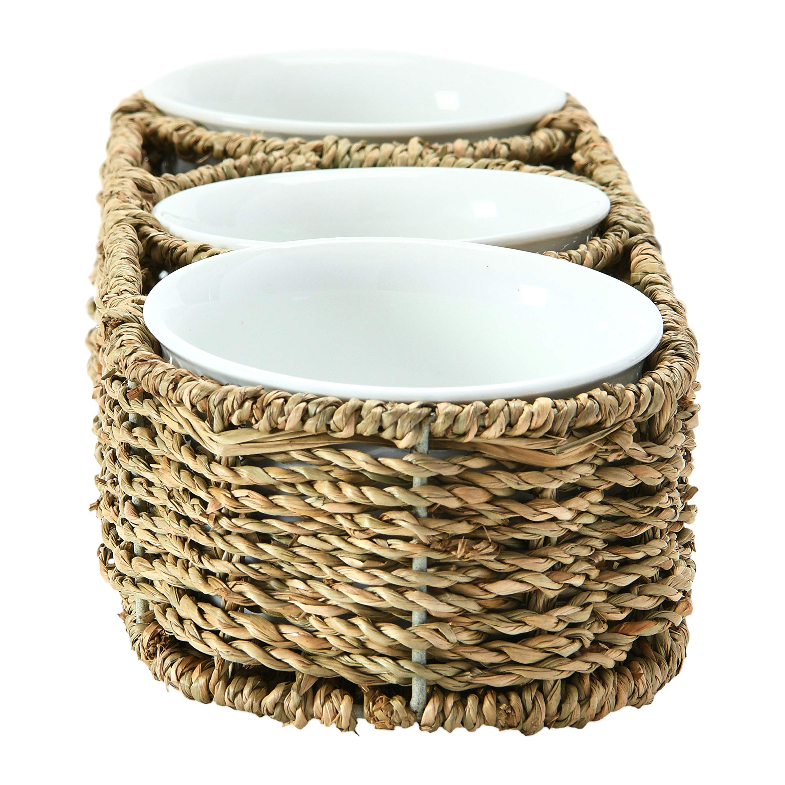 Creative Co-Op Hand-Woven Seagrass Basket with 6 oz. Ceramic Bowls, Set of 4 Tray, Natural, 4