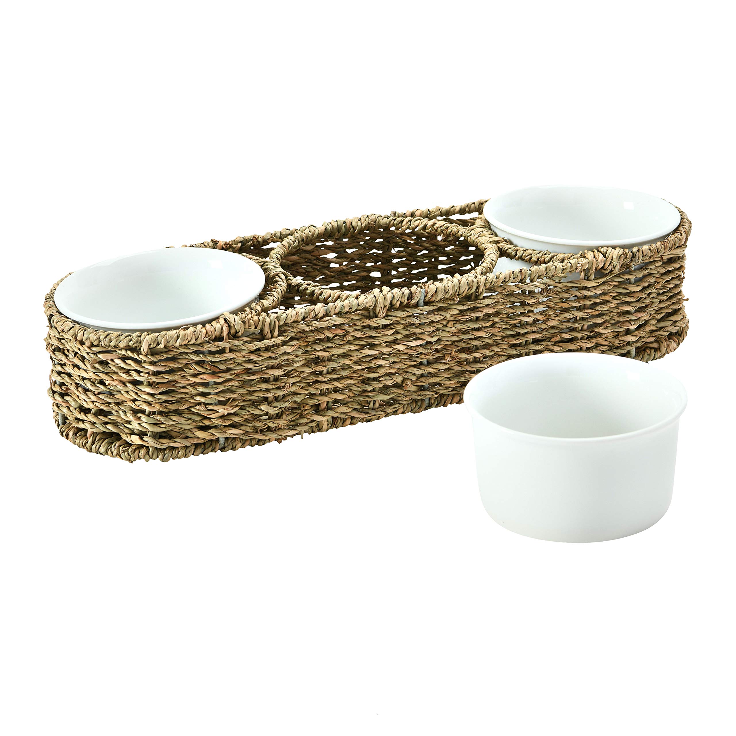 Creative Co-Op Hand-Woven Seagrass Basket with 6 oz. Ceramic Bowls, Set of 4 Tray, Natural, 4