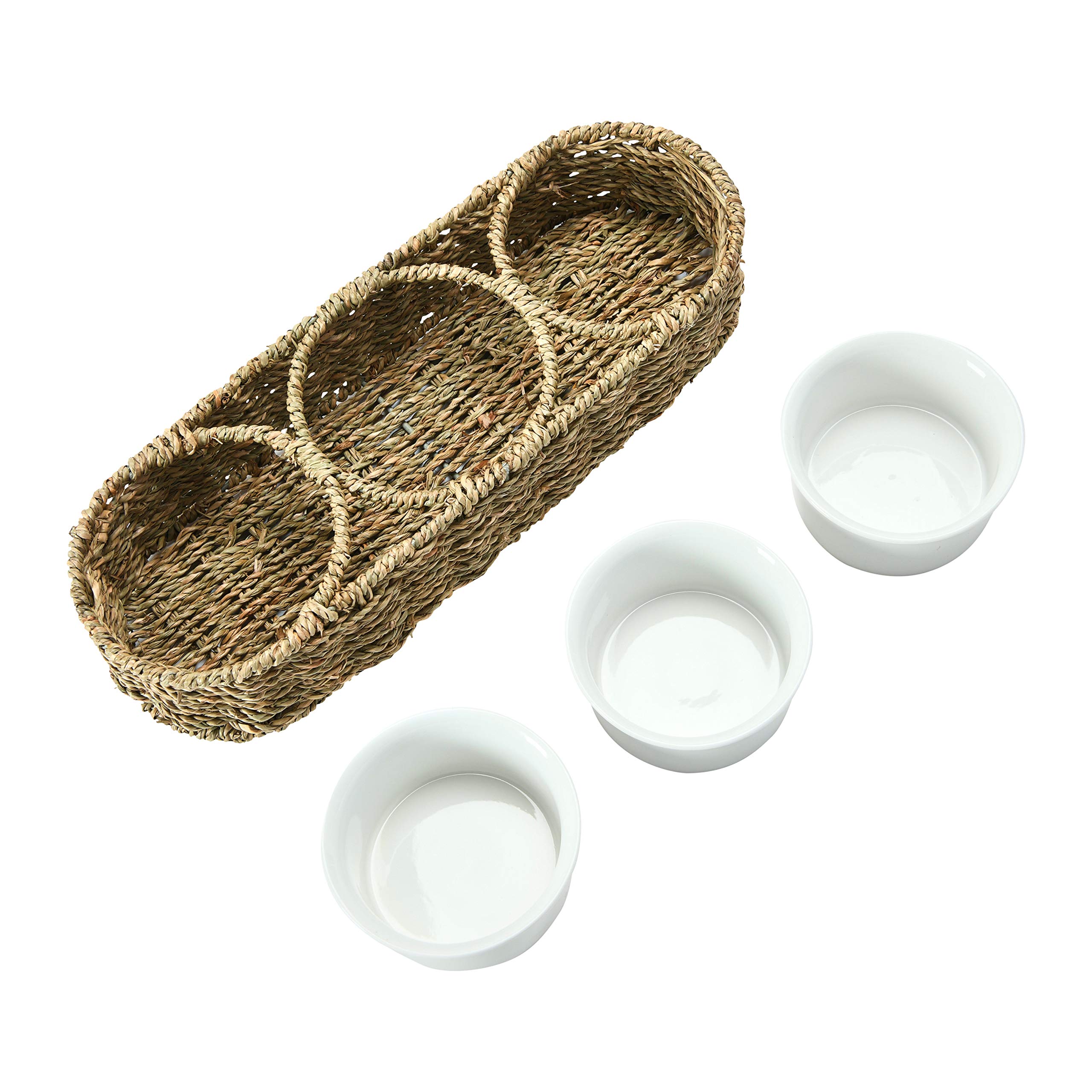 Creative Co-Op Hand-Woven Seagrass Basket with 6 oz. Ceramic Bowls, Set of 4 Tray, Natural, 4