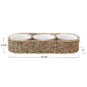 Creative Co-Op Hand-Woven Seagrass Basket with 6 oz. Ceramic Bowls, Set of 4 Tray, Natural, 4