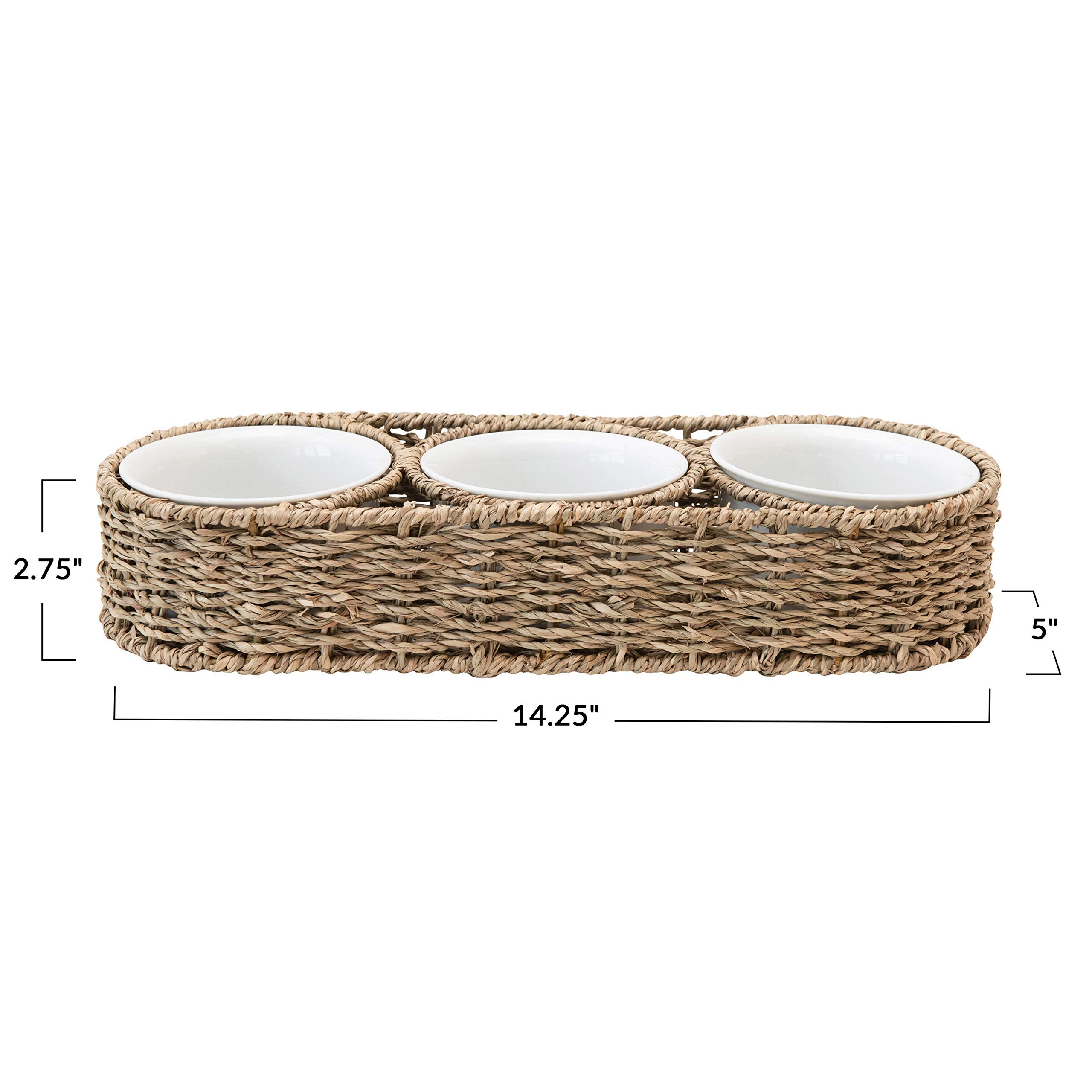 Creative Co-Op Hand-Woven Seagrass Basket with 6 oz. Ceramic Bowls, Set of 4 Tray, Natural, 4