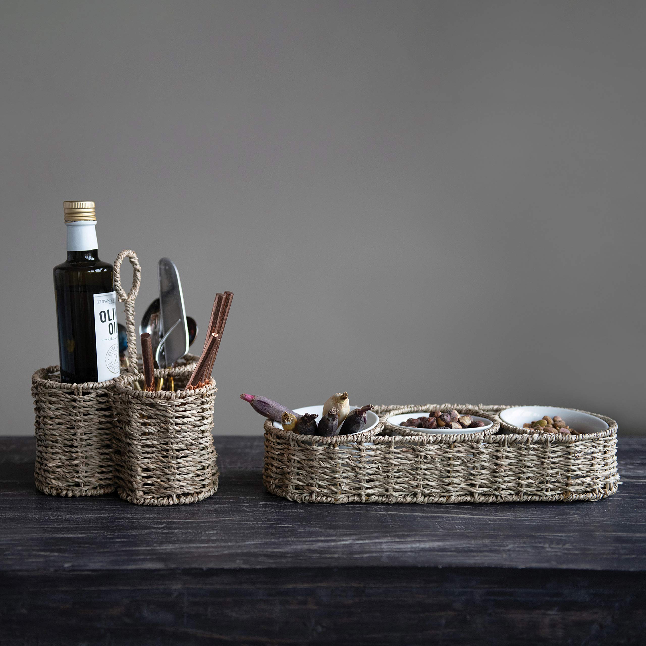 Creative Co-Op Hand-Woven Seagrass Basket with 6 oz. Ceramic Bowls, Set of 4 Tray, Natural, 4