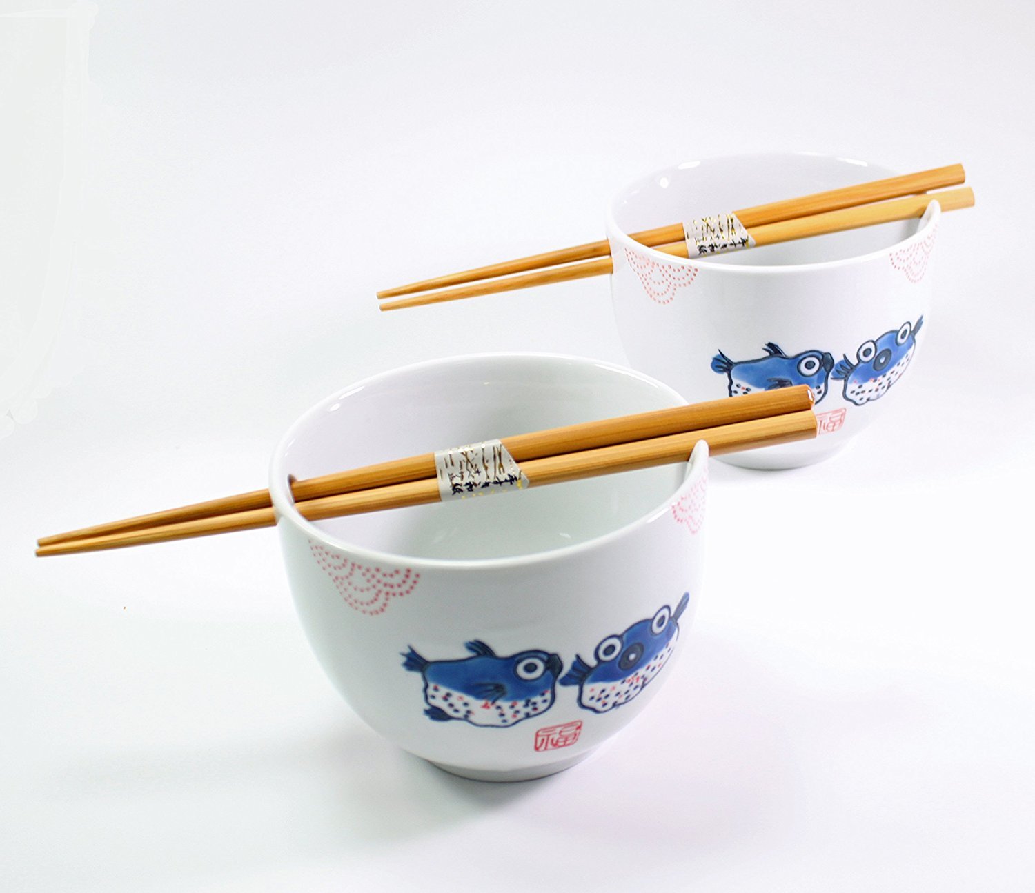 ラーメンボウル [Set of 2] Japanese Porcelain Ceramic Bowls w Chopsticks Ramen Soup Noodle Porridge Menudo Ramen Udon Pasta Cereal Ice cream Pho Rice Instant Noodle ~ We Pay Your Sales Tax (Puffer Fish)