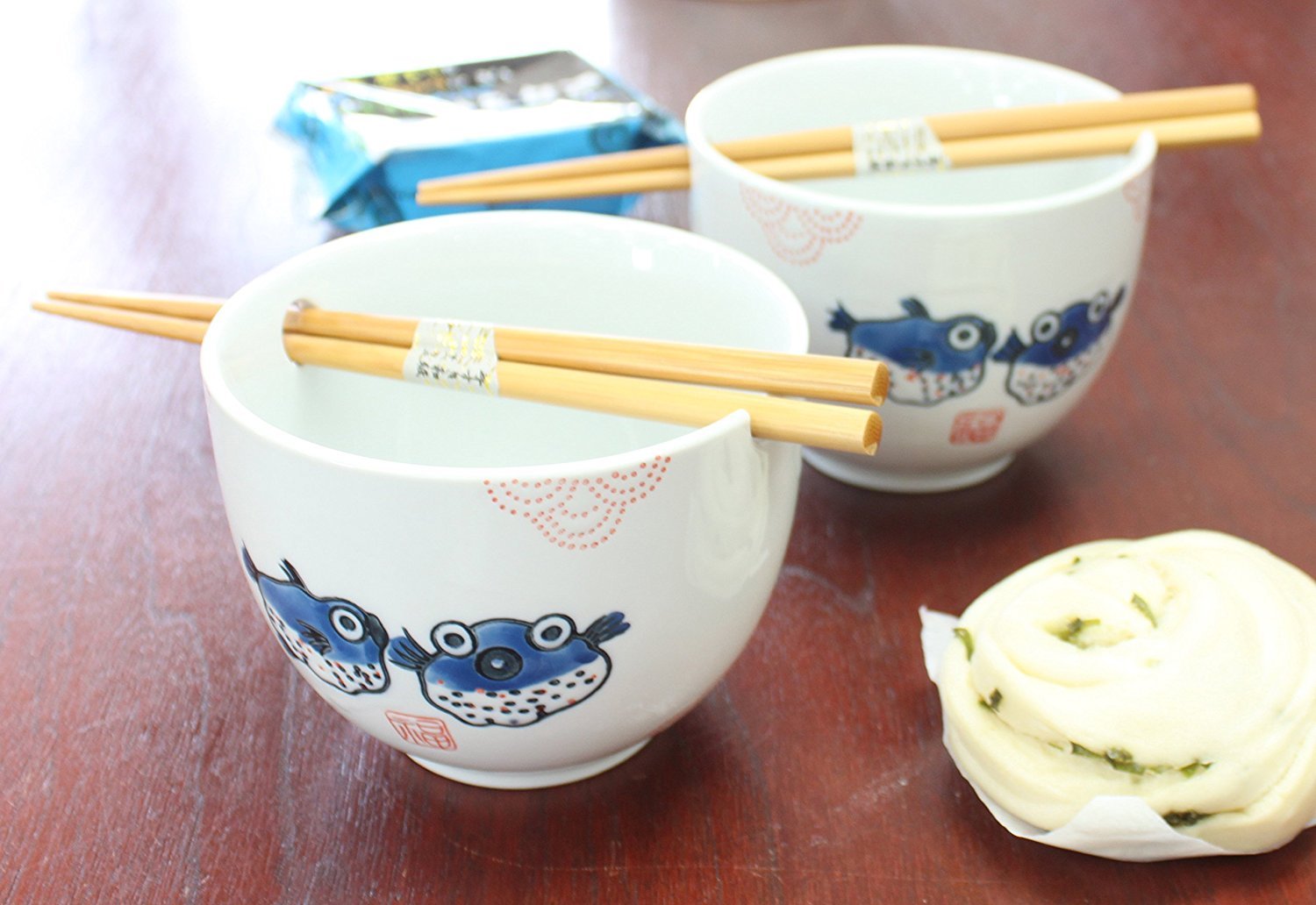 ラーメンボウル [Set of 2] Japanese Porcelain Ceramic Bowls w Chopsticks Ramen Soup Noodle Porridge Menudo Ramen Udon Pasta Cereal Ice cream Pho Rice Instant Noodle ~ We Pay Your Sales Tax (Puffer Fish)