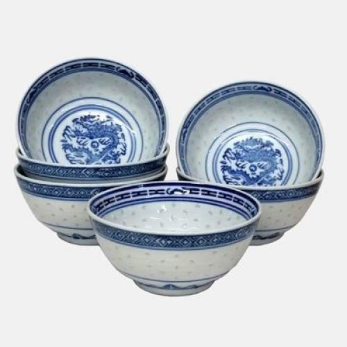 Newquay-Bonsai Bowl Set of 6 small Oriental Chinese Porcelain Decorated Blue and White Rice Bowls MA Bowl 10cm/4" Dia & deep Ceramic Rice Pattern Guaranteed quality