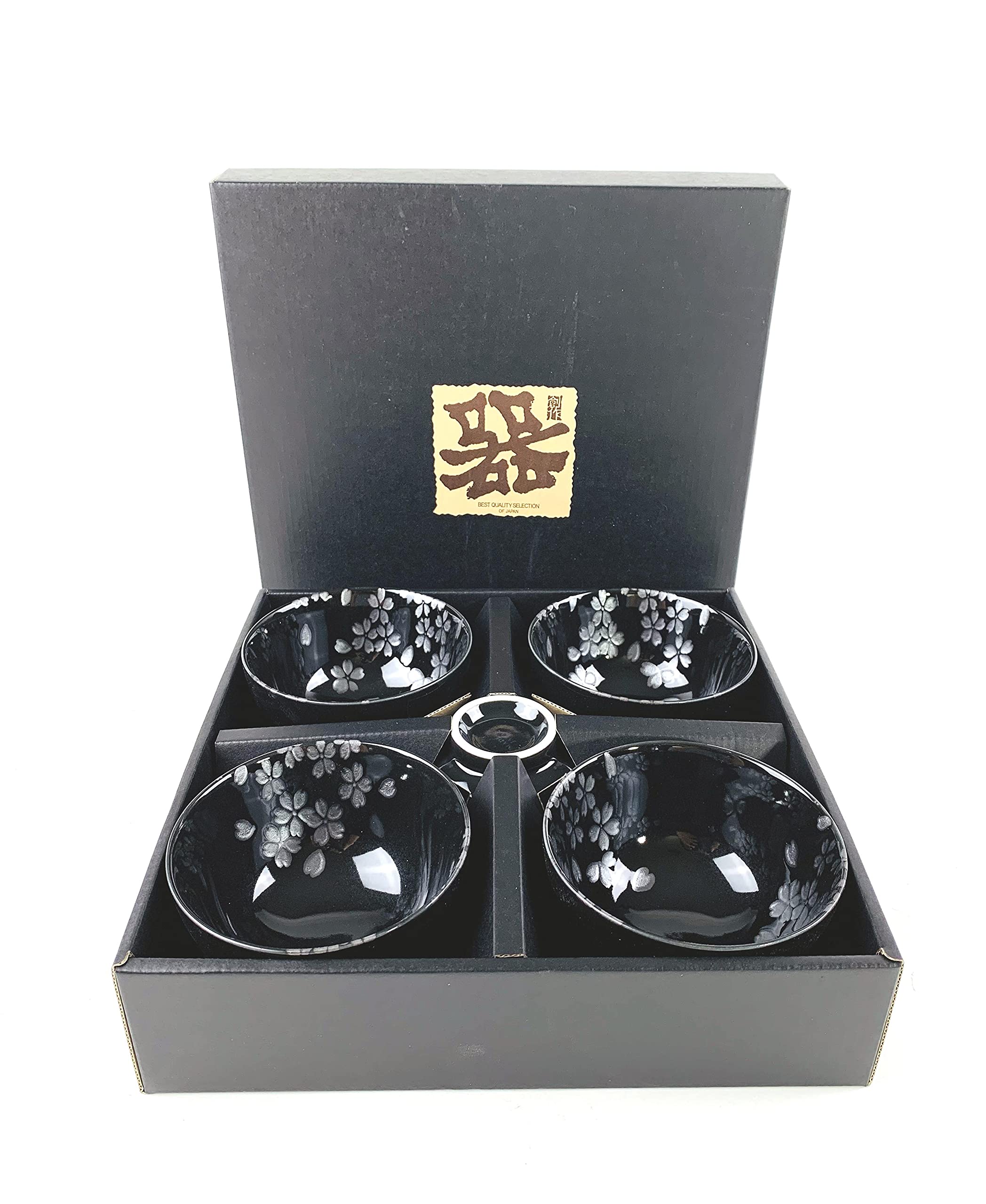 JapanBargain 4690, Japanese Porcelain Rice Bowls Gift Set,Cherry Blossom Sakura Pattern Miso Soup Bowls, Black and Silver Color, Set of 5, Made in Japan