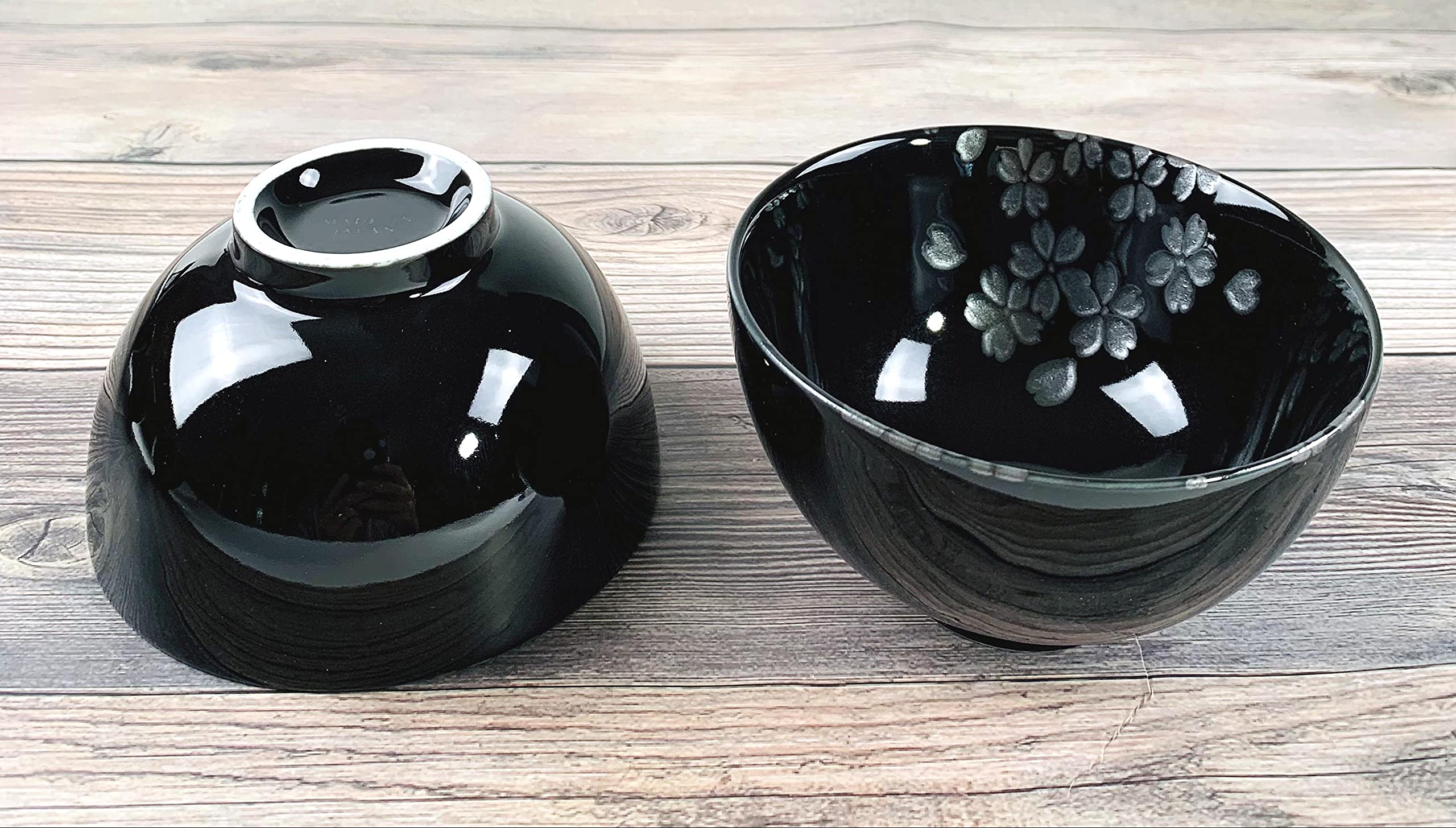 JapanBargain 4690, Japanese Porcelain Rice Bowls Gift Set,Cherry Blossom Sakura Pattern Miso Soup Bowls, Black and Silver Color, Set of 5, Made in Japan