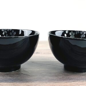 JapanBargain 4690, Japanese Porcelain Rice Bowls Gift Set,Cherry Blossom Sakura Pattern Miso Soup Bowls, Black and Silver Color, Set of 5, Made in Japan