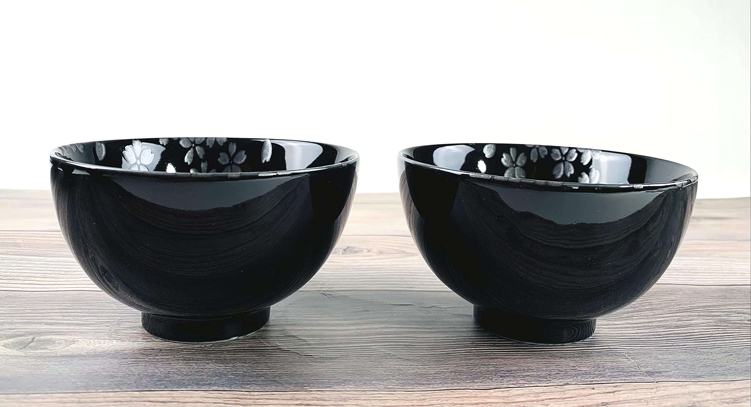 JapanBargain 4690, Japanese Porcelain Rice Bowls Gift Set,Cherry Blossom Sakura Pattern Miso Soup Bowls, Black and Silver Color, Set of 5, Made in Japan