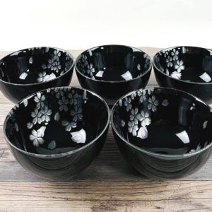 JapanBargain 4690, Japanese Porcelain Rice Bowls Gift Set,Cherry Blossom Sakura Pattern Miso Soup Bowls, Black and Silver Color, Set of 5, Made in Japan