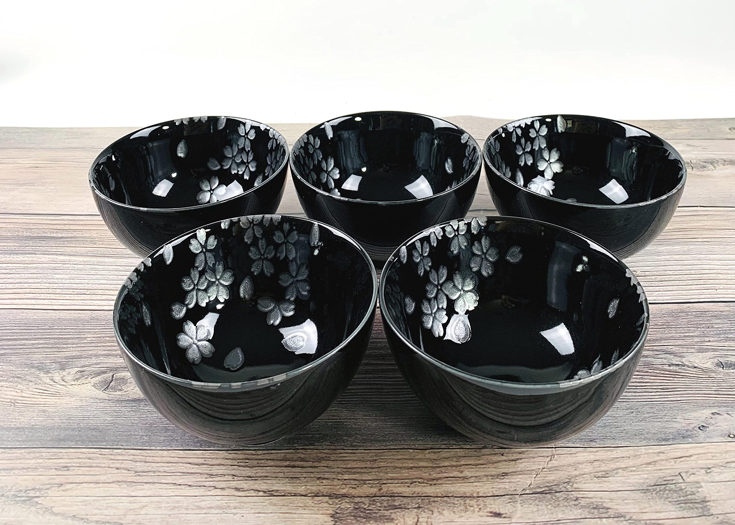 JapanBargain 4690, Japanese Porcelain Rice Bowls Gift Set,Cherry Blossom Sakura Pattern Miso Soup Bowls, Black and Silver Color, Set of 5, Made in Japan