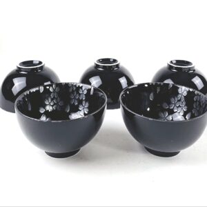 JapanBargain 4690, Japanese Porcelain Rice Bowls Gift Set,Cherry Blossom Sakura Pattern Miso Soup Bowls, Black and Silver Color, Set of 5, Made in Japan