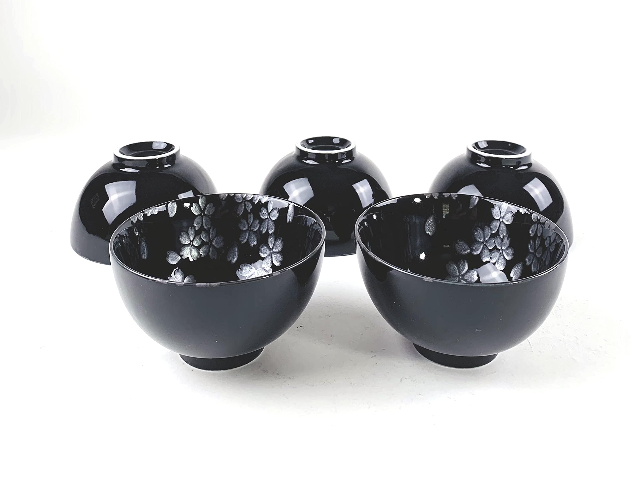 JapanBargain 4690, Japanese Porcelain Rice Bowls Gift Set,Cherry Blossom Sakura Pattern Miso Soup Bowls, Black and Silver Color, Set of 5, Made in Japan