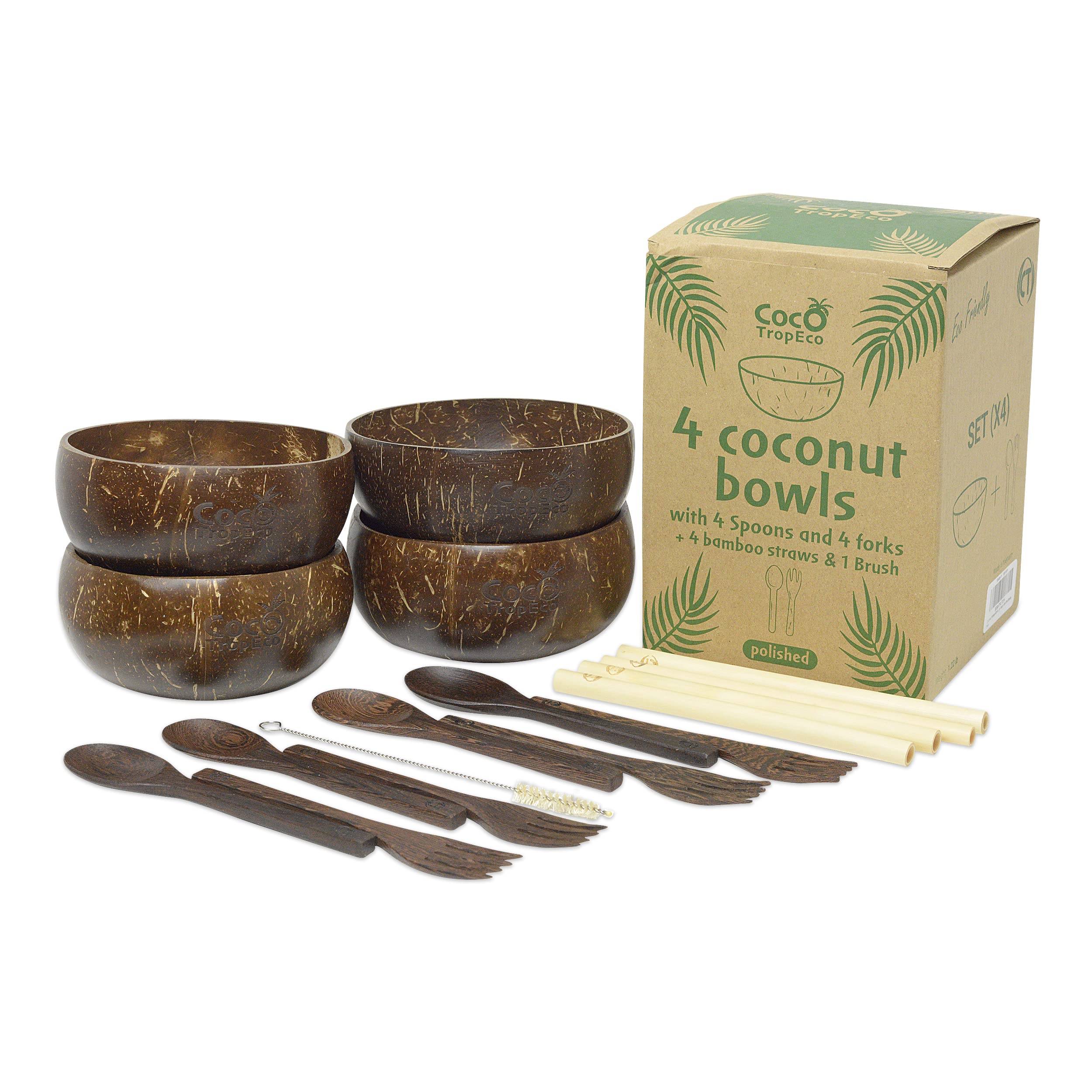 Coco TropEco Coconut Bowl Set of 4 - Handmade Bowls From Natural Coconut Shells + Wooden Spoons + Wood Forks and Bamboo Straws – Buddha Bowls Ideal for Acai Smoothie, Salad or Cereal – Polished –