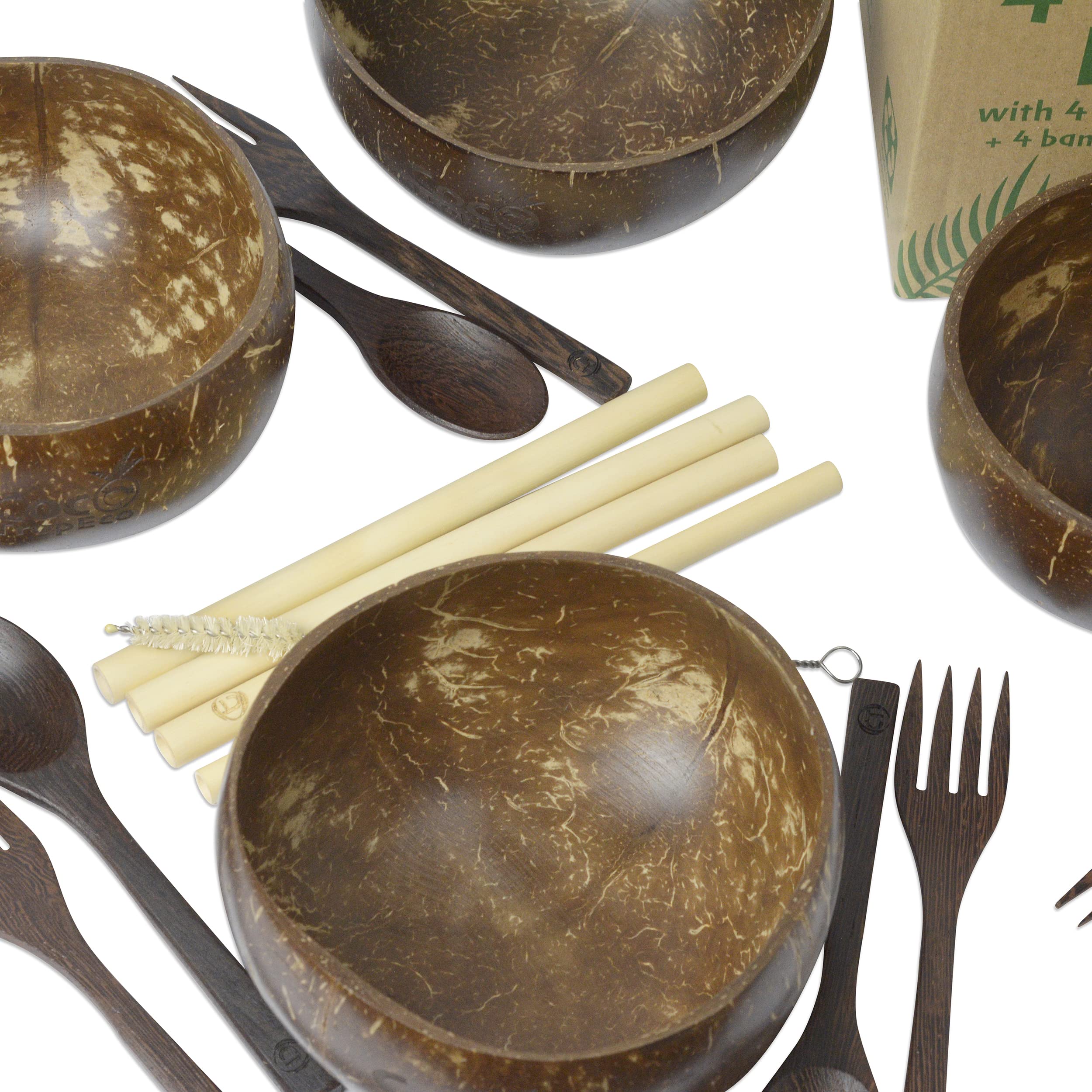 Coco TropEco Coconut Bowl Set of 4 - Handmade Bowls From Natural Coconut Shells + Wooden Spoons + Wood Forks and Bamboo Straws – Buddha Bowls Ideal for Acai Smoothie, Salad or Cereal – Polished –