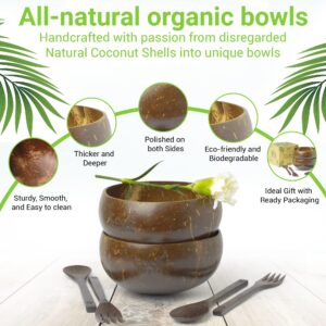 Coco TropEco Coconut Bowl Set of 4 - Handmade Bowls From Natural Coconut Shells + Wooden Spoons + Wood Forks and Bamboo Straws – Buddha Bowls Ideal for Acai Smoothie, Salad or Cereal – Polished –