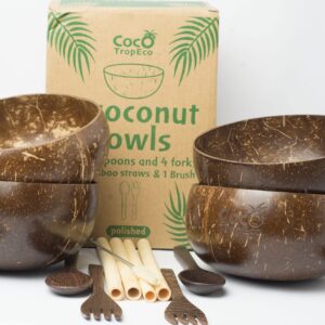 Coco TropEco Coconut Bowl Set of 4 - Handmade Bowls From Natural Coconut Shells + Wooden Spoons + Wood Forks and Bamboo Straws – Buddha Bowls Ideal for Acai Smoothie, Salad or Cereal – Polished –