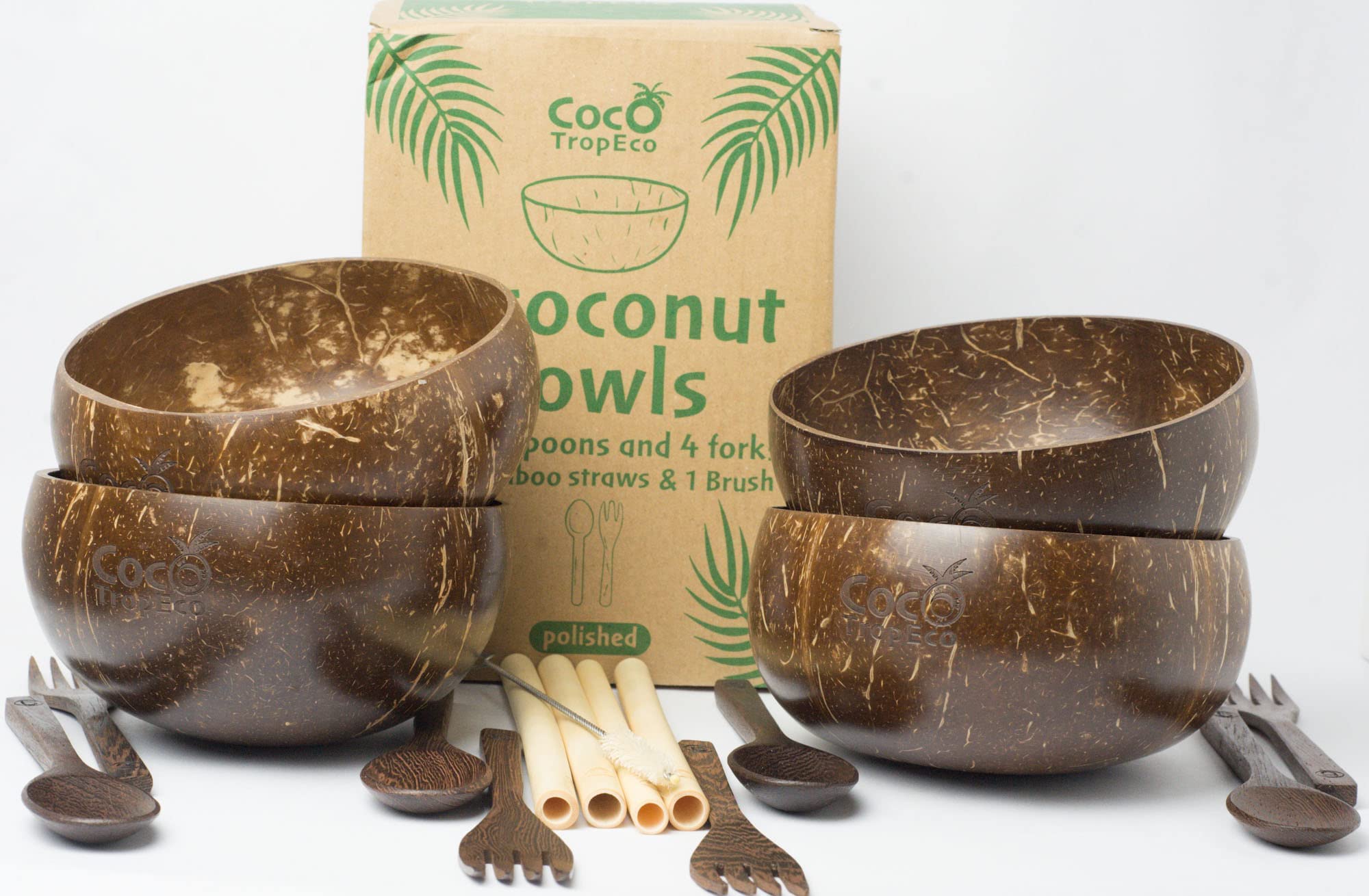 Coco TropEco Coconut Bowl Set of 4 - Handmade Bowls From Natural Coconut Shells + Wooden Spoons + Wood Forks and Bamboo Straws – Buddha Bowls Ideal for Acai Smoothie, Salad or Cereal – Polished –