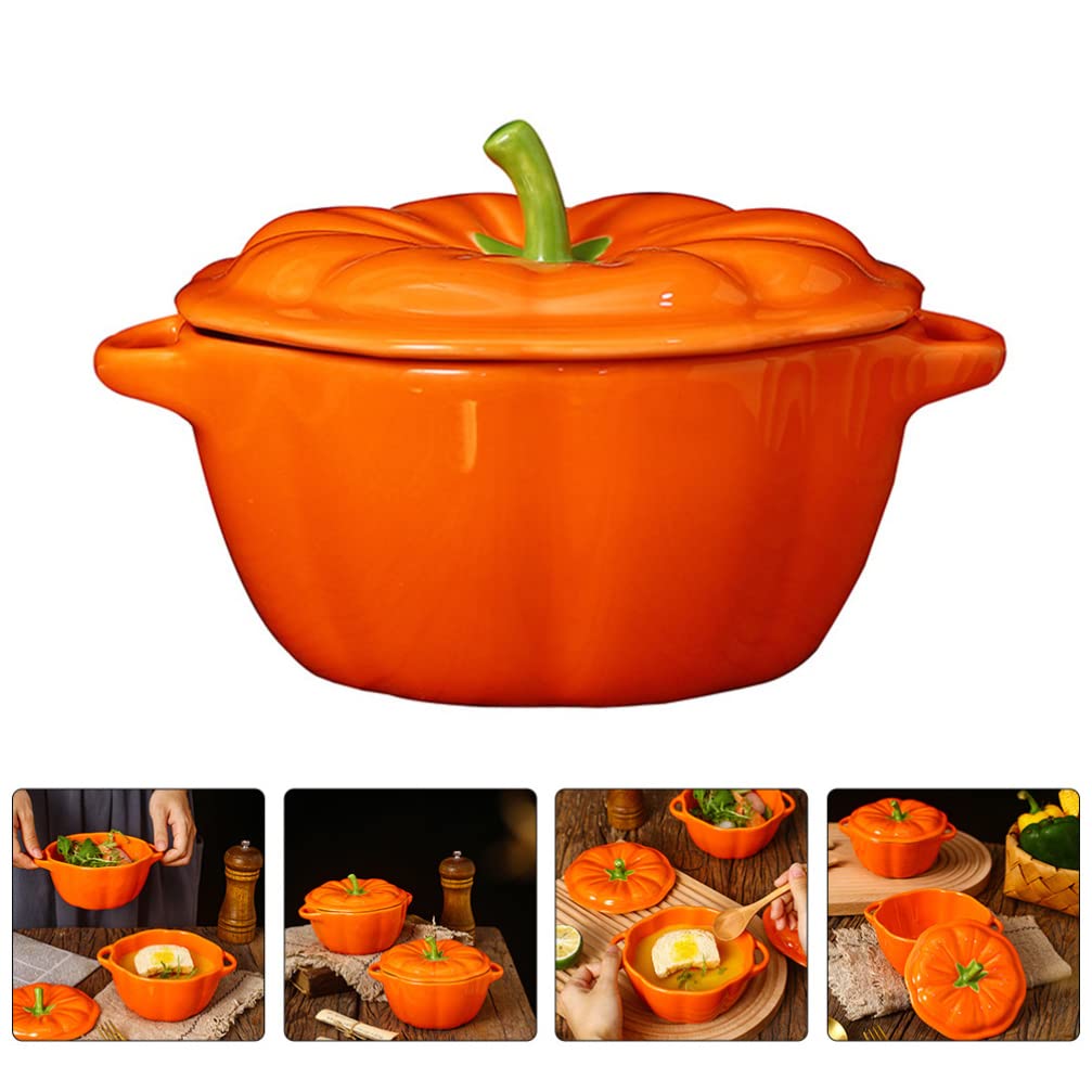 Homoyoyo Decorative Soup Bowl Ceramics Kitchen Stew Soup Bowl with Handles Pumpkin Shaped Stew Bowl Tableware Dual- handle Bowl Ceramic Serving Bowl for Soup Cereal and Stew Ceramic Noodle Bowl