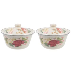 hemoton 2 pcs enamel soup bowl vintage enameled basin retro enameled bowl lard pot with lid enamel mixing bowl enamelware large salad serving bowl ramen basin