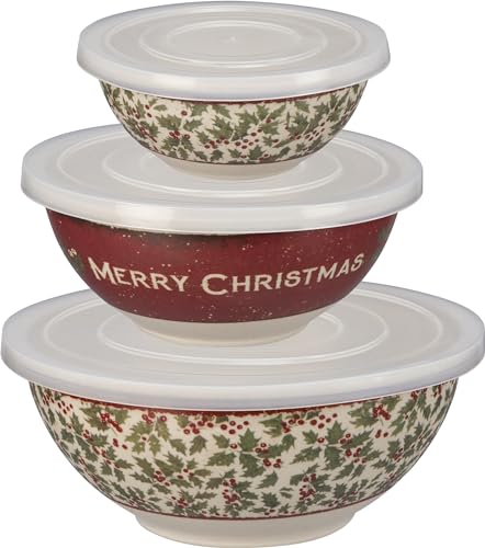 Primitives by Kathy Lidded Bowls - Set of 3 Nesting bamboo bowls with vintage-inspired Christmas designs. Each bowl has it's own lid.