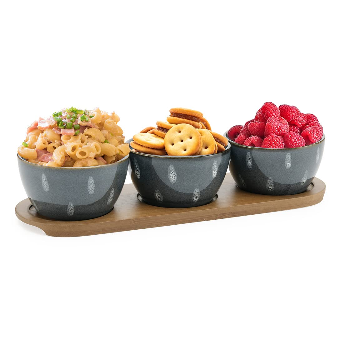 American Atelier 3 Stoneware Snack Bowls with Bamboo Serving Tray | 4-Piece Snack Serving Set | Small Serving Bowl for Candy, Nuts, Salsa, and Appetizers | Chips and Dips Snack Tray for Party