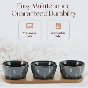 American Atelier 3 Stoneware Snack Bowls with Bamboo Serving Tray | 4-Piece Snack Serving Set | Small Serving Bowl for Candy, Nuts, Salsa, and Appetizers | Chips and Dips Snack Tray for Party